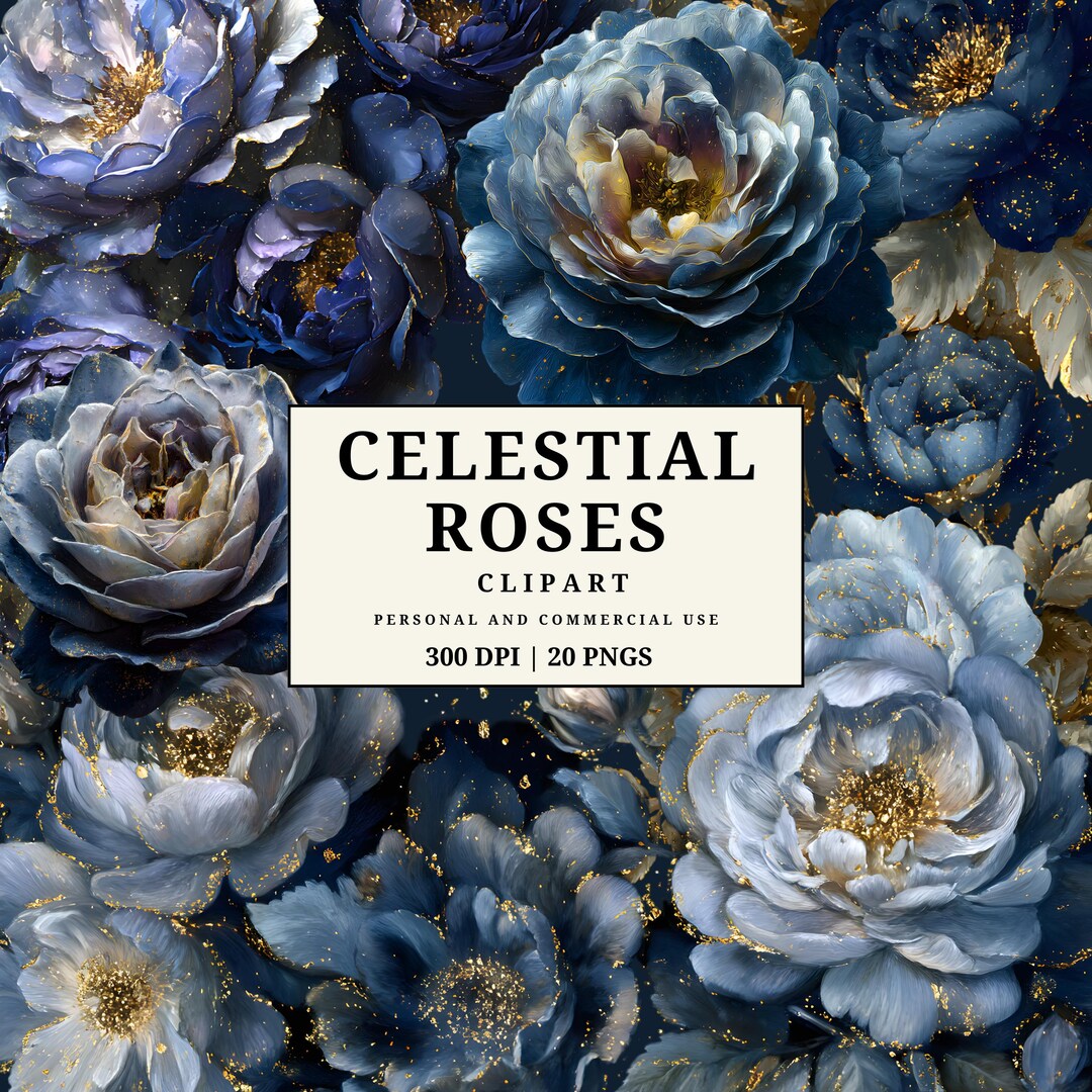Celestial Rose Clipart Pack | Midnight Blue Baroque Floral Bouquets ...