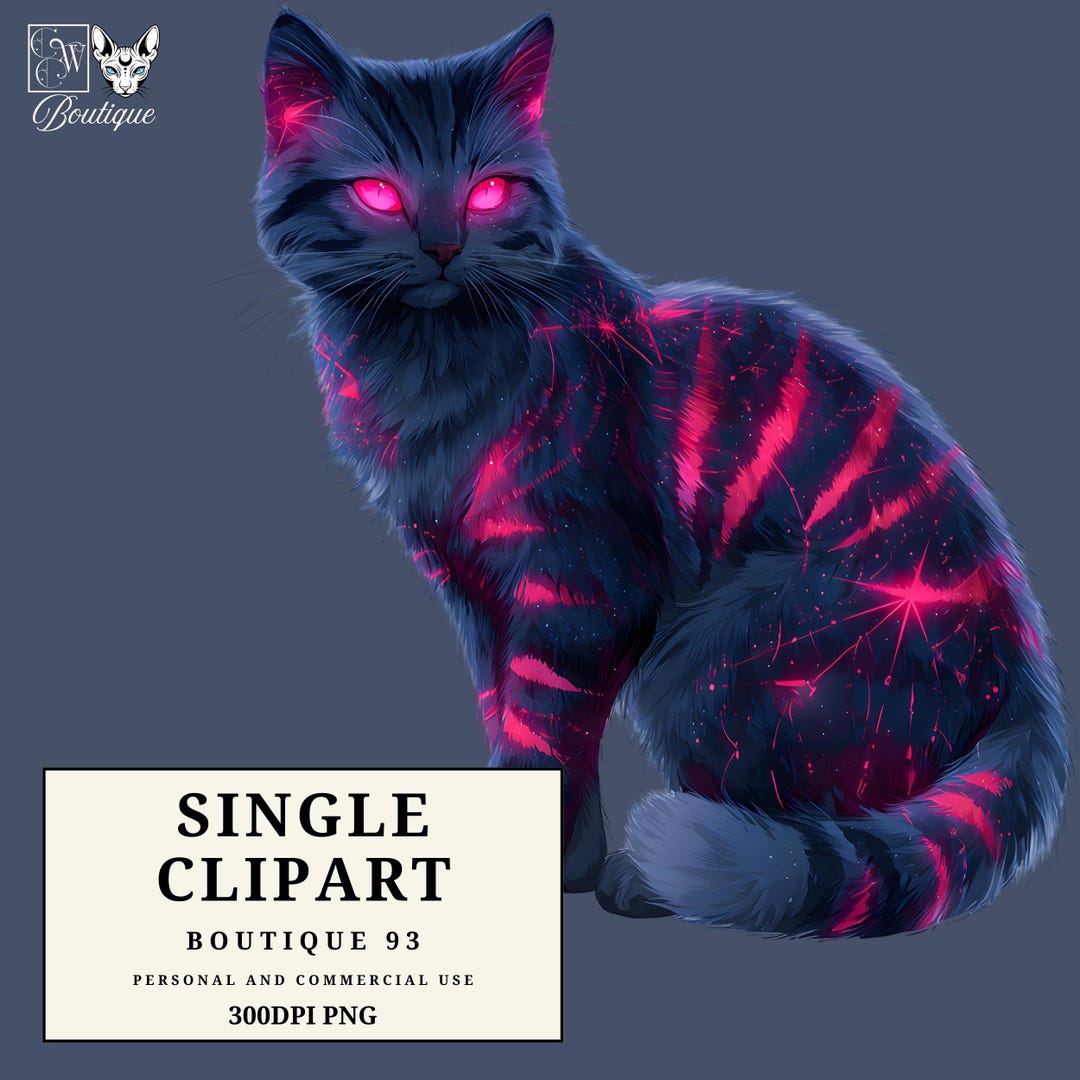 Bold Magical Cat Clipart | Pink Glowing Eyes Fantasy Cat PNG | Neon ...