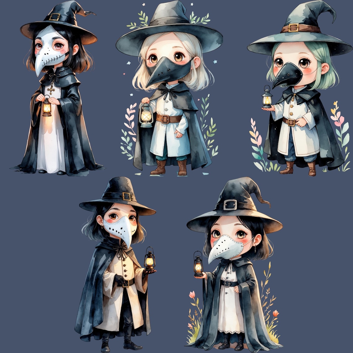Plague Doctor Clipart Set | Watercolor Gothic Chibi Pngs | Witchy Dark ...