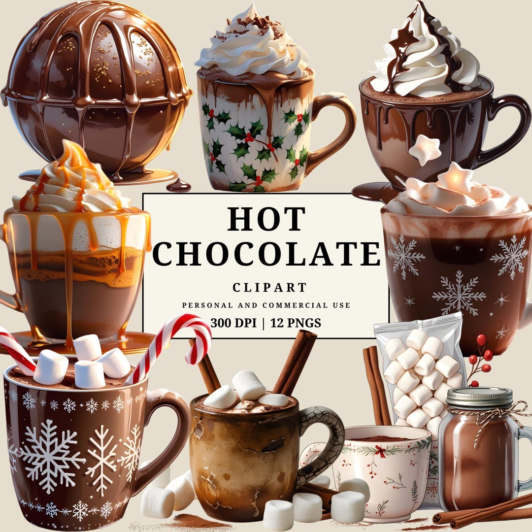 Hot Chocolate Clipart Set | Cozy Winter Cocoa Pngs | 12 Festive Mug ...
