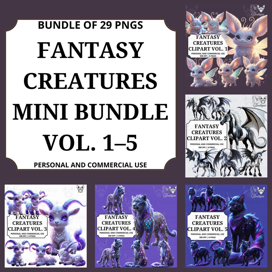 Fantasy Creatures Mini Bundle Vol. 1–5 | Mystical Clipart Collection ...