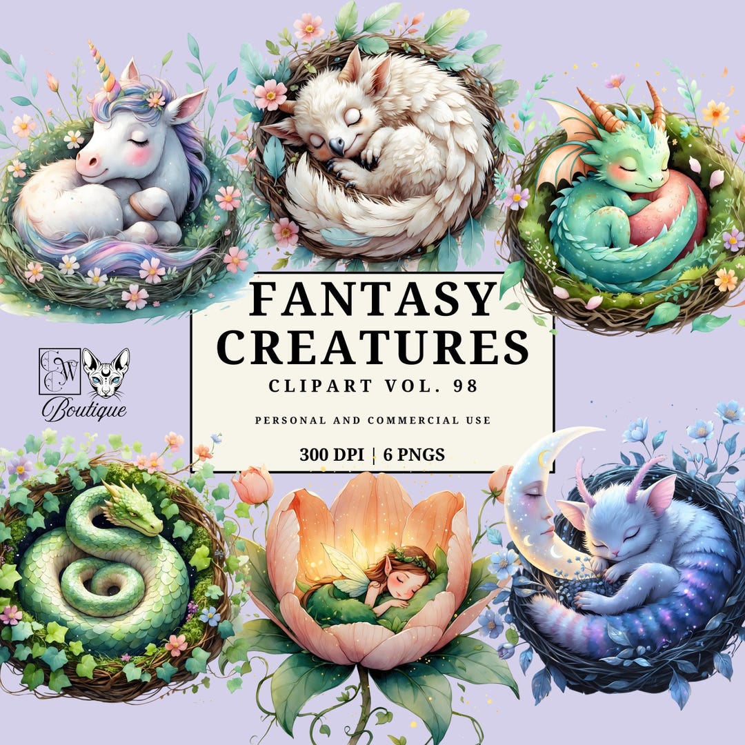 Sleeping Fantasy Creatures Clipart Pack, Cozy Magical Nursery PNG ...