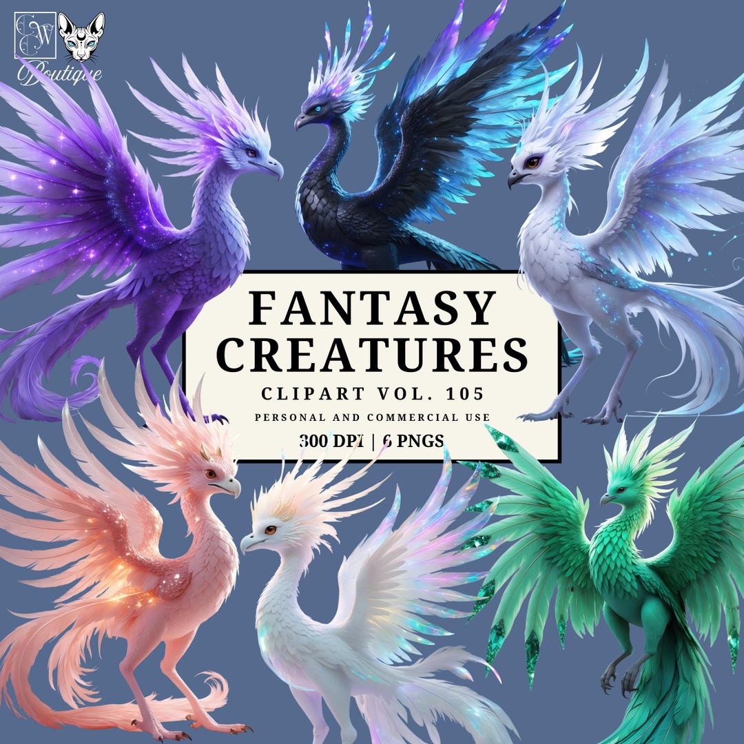 Fantasy Creatures Clipart Pack PNG | Crystal Griffin Birds | Magical ...