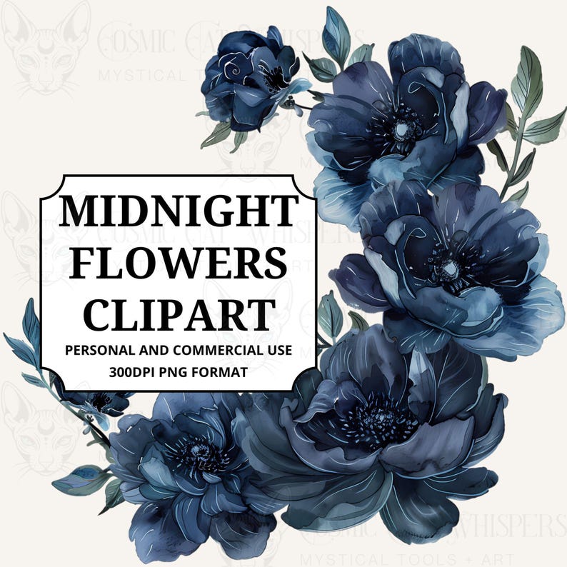 Midnight Flowers Clipart PNG | Dark Blue Floral Watercolor Illustration ...