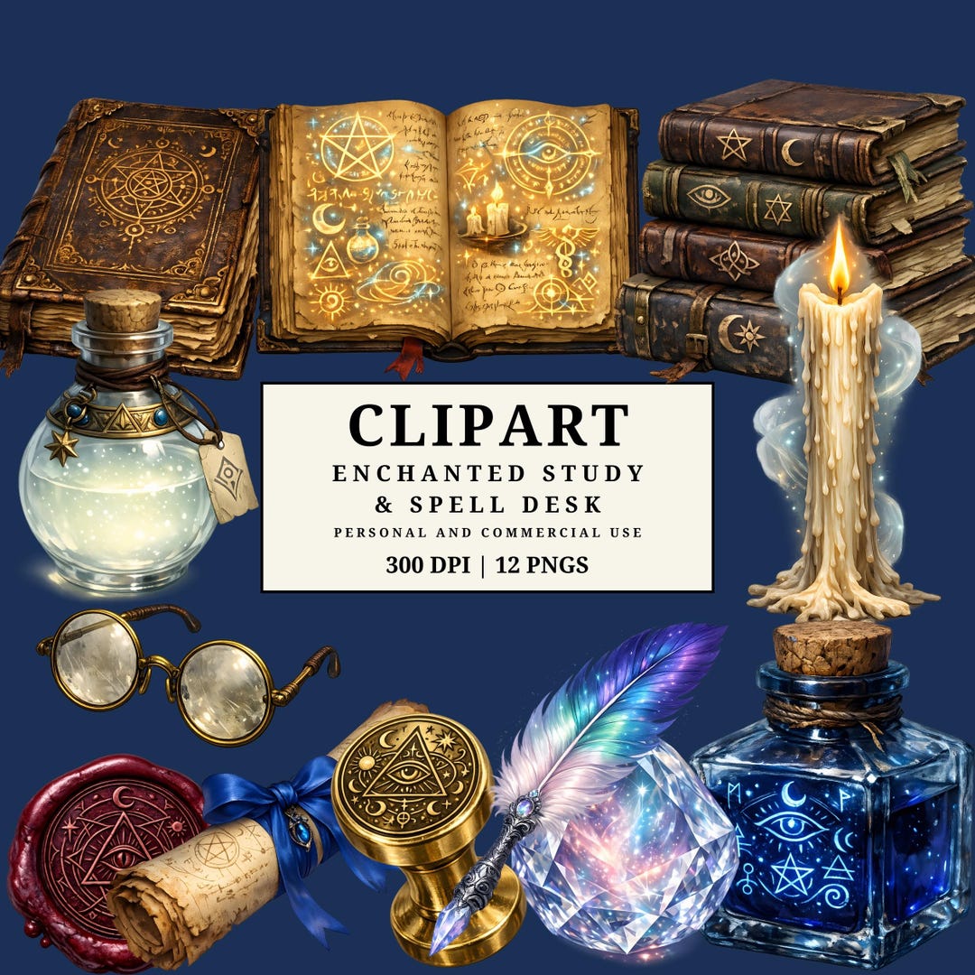 Enchanted Study & Spell Desk Clipart Pack – Magical Books, Grimoires ...
