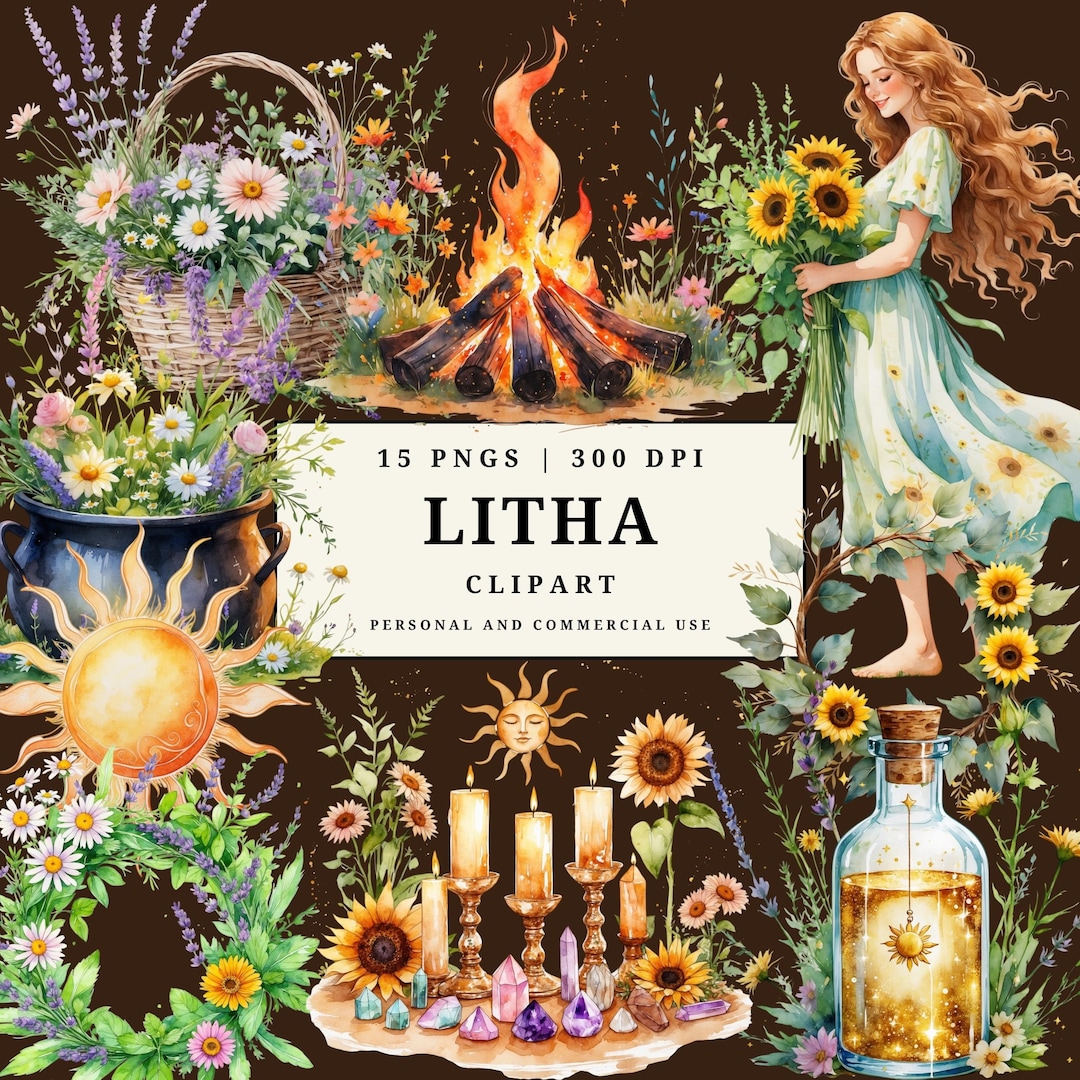 Litha Summer Solstice Watercolor Clipart | Sunflower Boho Pagan Witchy ...