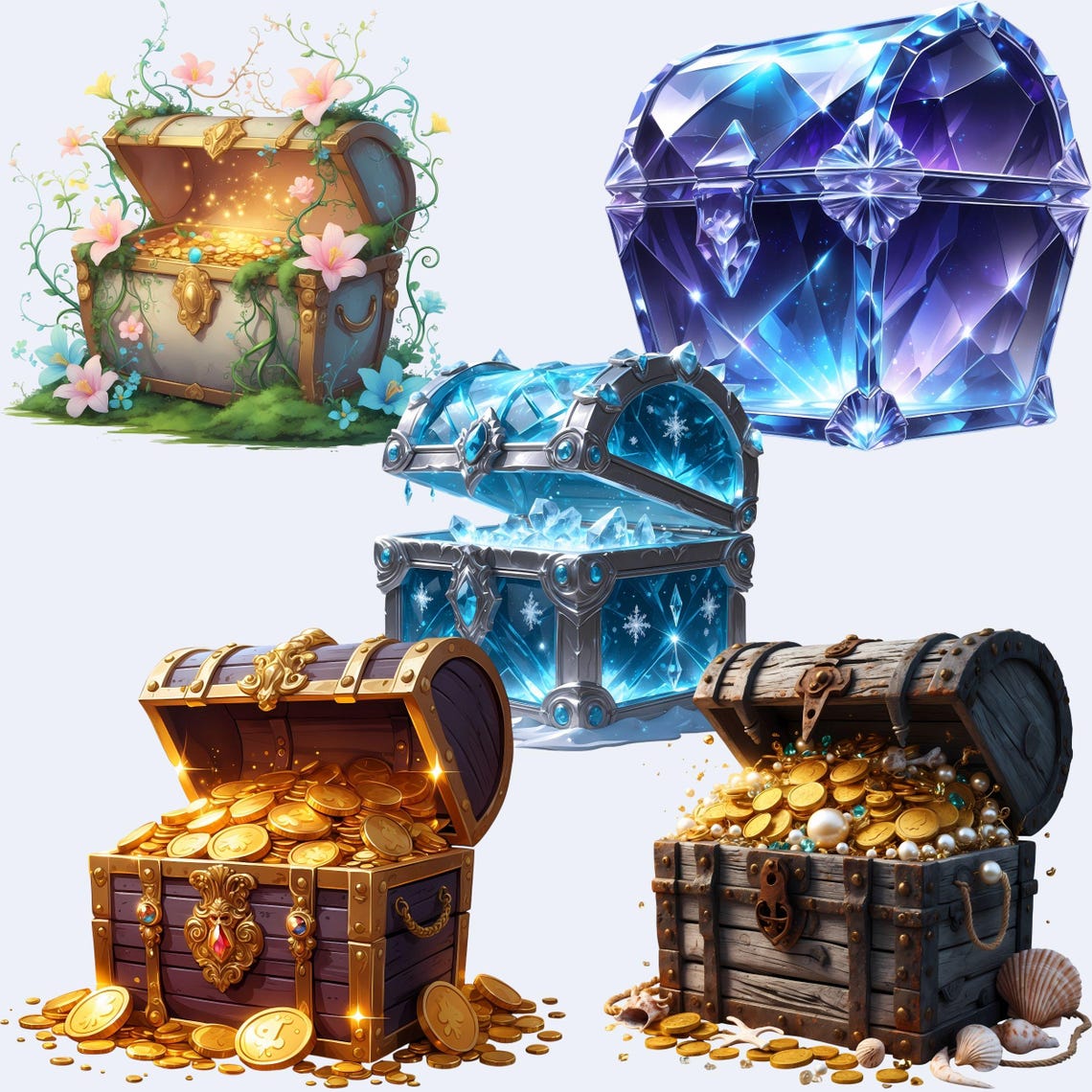 Fantasy Treasure Chest Clipart PNG Bundle Magical Gold Jewel Crystal ...