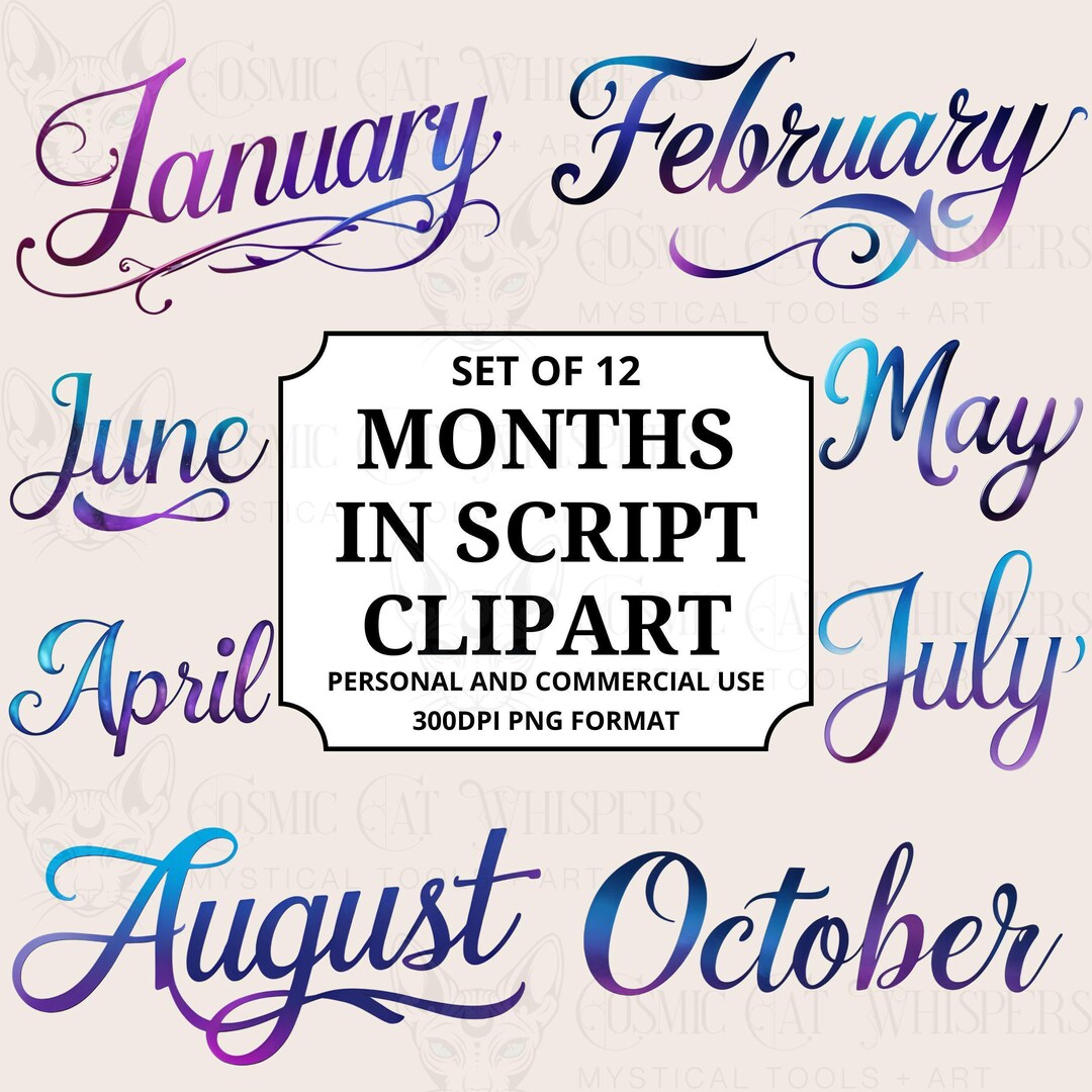 Months of the Year Clipart | 12 Blue Purple Script Lettering Pngs | 300 ...