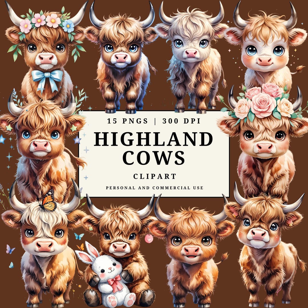 Highland Cow Clipart Bundle | Cute Baby Highland Calf PNG | Farm Animal ...