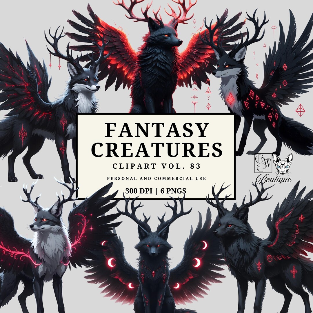 Dark Gothic Fantasy Creatures Clipart | Antlered Winged Fox Familiar ...
