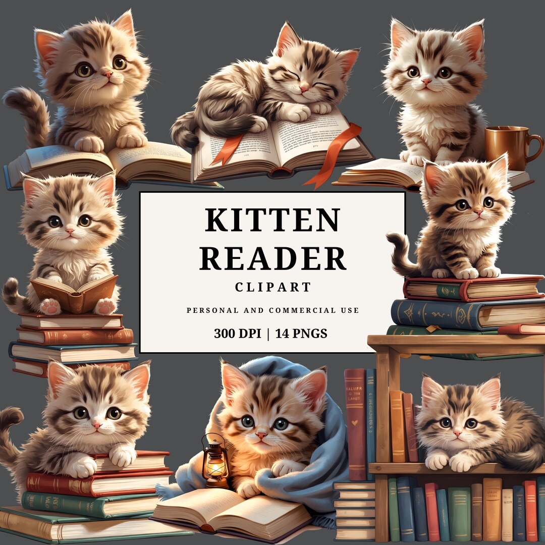 Kitten Reader Clipart Pack | Cozy Book Kittens | Reading Cats PNG ...