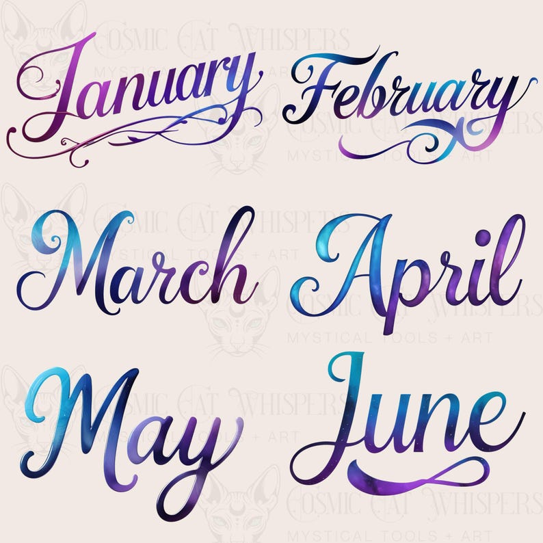 Months of the Year Clipart | 12 Blue Purple Script Lettering Pngs | 300 ...