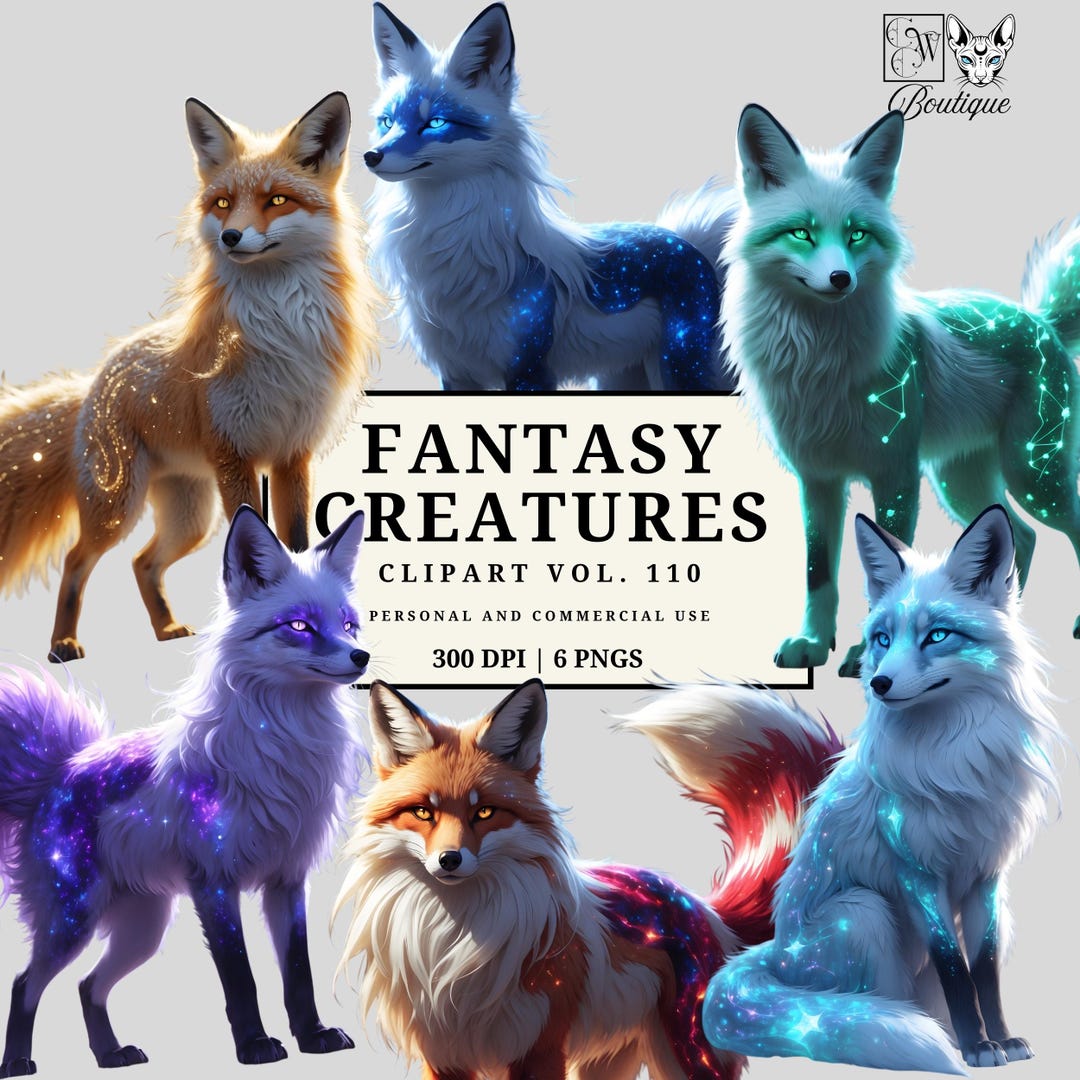 Fantasy Cosmic Foxes Clipart Pack, Galaxy Fox PNG Bundle, Celestial Fox ...