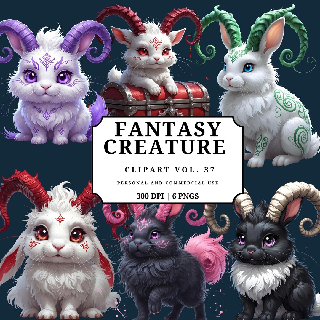 Fantasy Bunny Creature Clipart Set | Mystical Rabbit With Horns Pngs ...