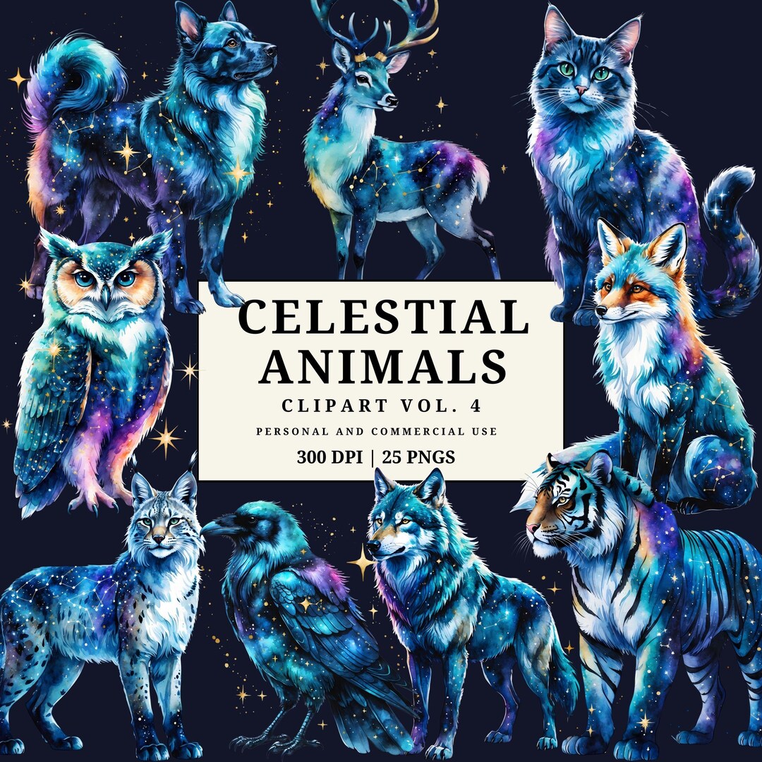 Celestial Animals Clipart Vol 4, Mystic Galaxy Animals, Cosmic Wolf Owl ...