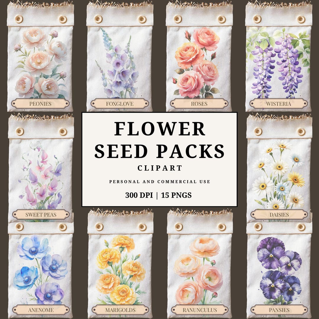 Watercolor Seed Packet Clipart Set, Vintage Garden Labels, Flower Seed ...