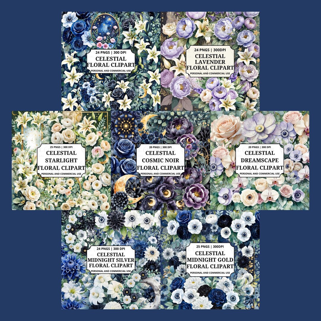 Celestial Floral Clipart Bundle | 7 Mystical Flower PNG Packs | Moon ...