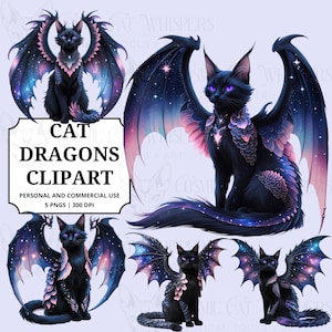 Fantasy Cat Dragon Clipart Set – 5 Mystic Black Cats With Dragon Wings ...