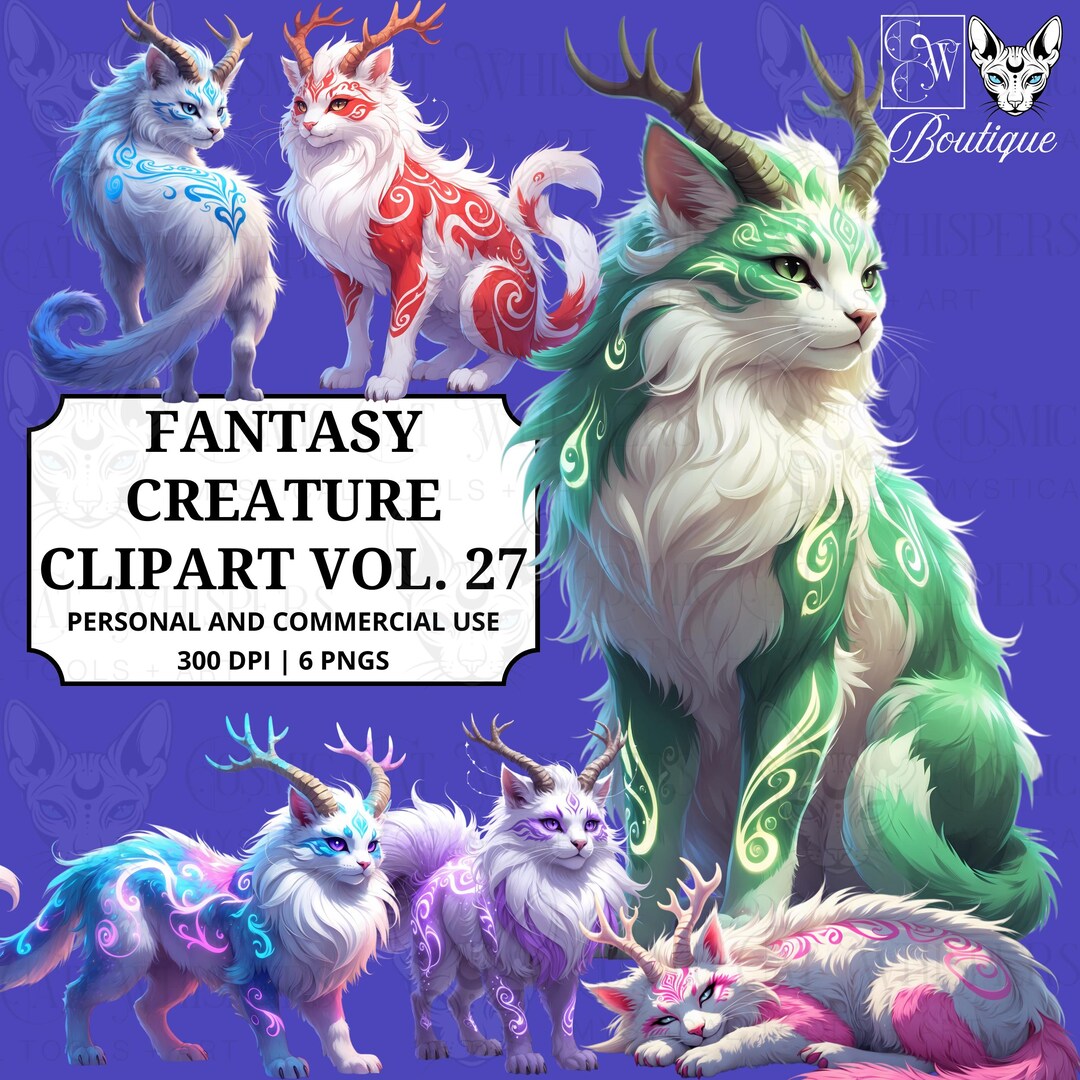 Elemental Spirit Cat Clipart | Fantasy Creatures Vol 27 | Antlered Rune ...