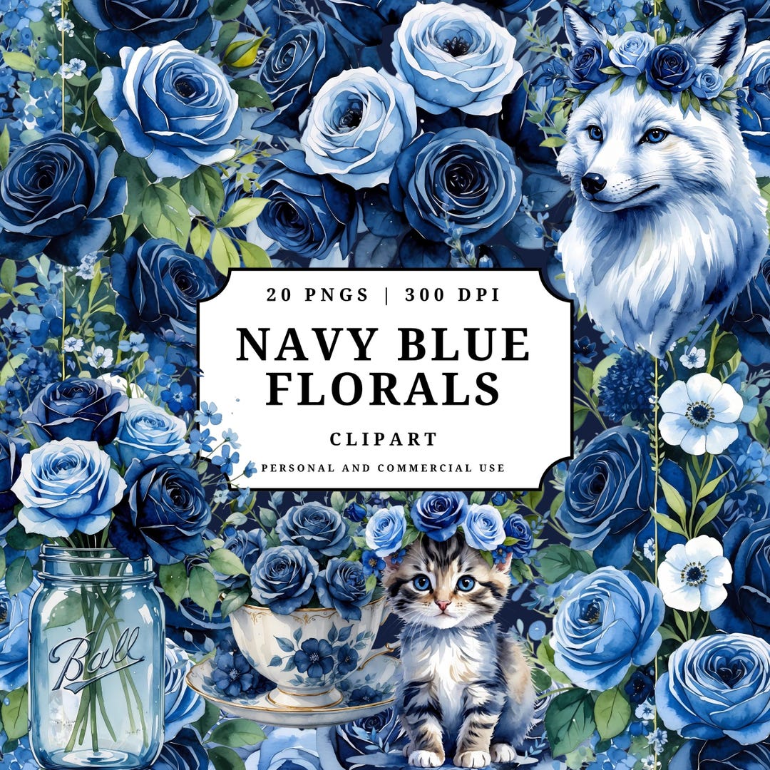 Navy Blue Floral Clipart Bundle Watercolor Roses PNG Digital Flowers ...