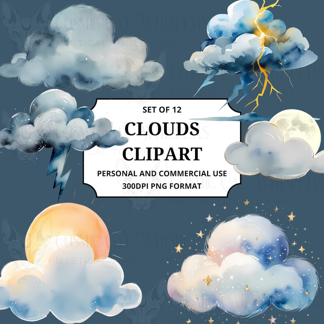 Watercolor Clouds Clipart Set | Sun Moon Lightning Sky Pngs | 12 ...