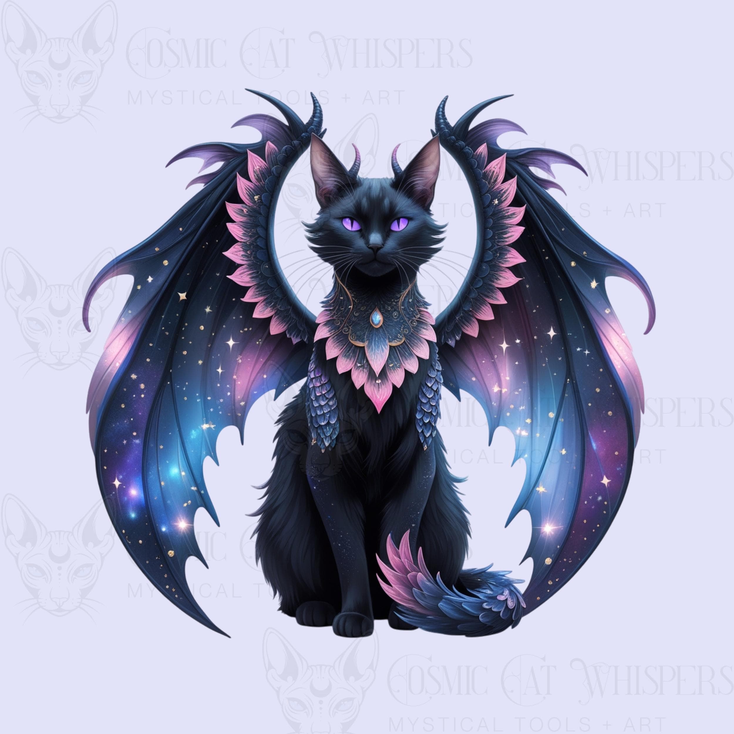 Fantasy Cat Dragon Clipart Set – 5 Mystic Black Cats With Dragon Wings ...