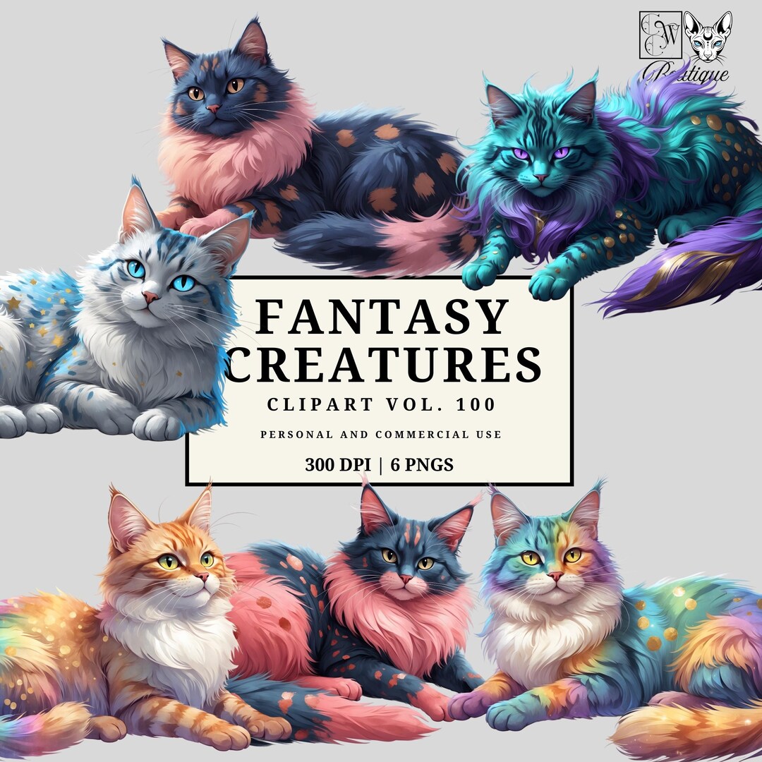 Fantasy Cats Clipart Pack, Magical Colorful Cats PNG, Whimsical Mystic ...