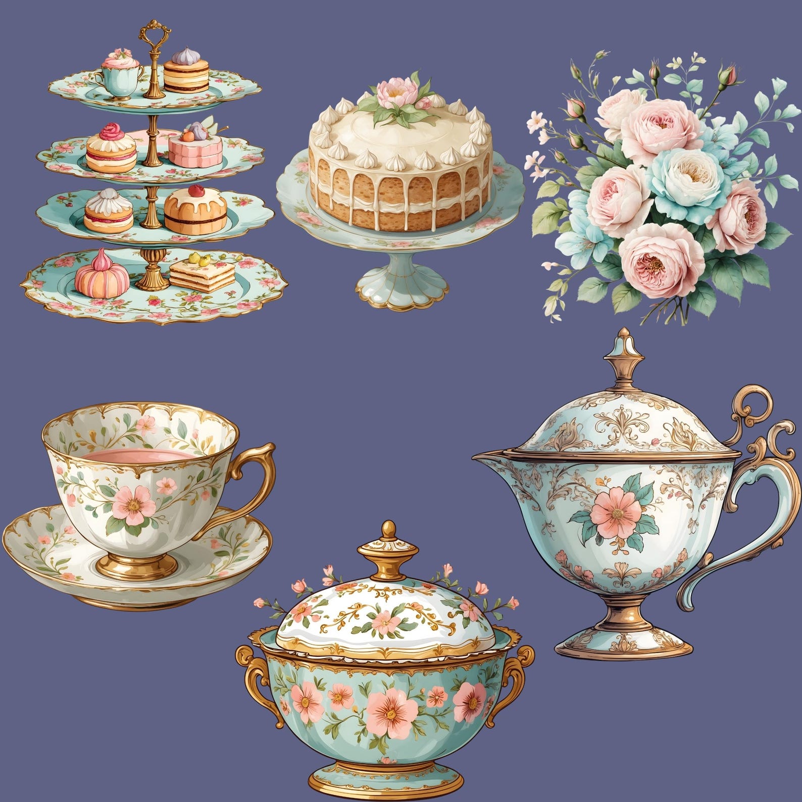 Victorian Tea Party Clipart Set, Illustrated Teacups Teapots Cakes ...