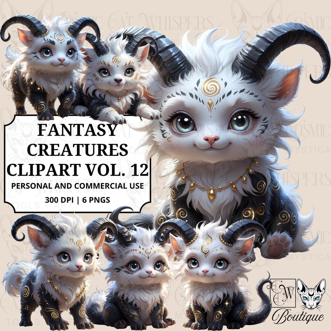 Fantasy Baby Goat Cat Creatures Clipart | Mystical Black White Cute ...
