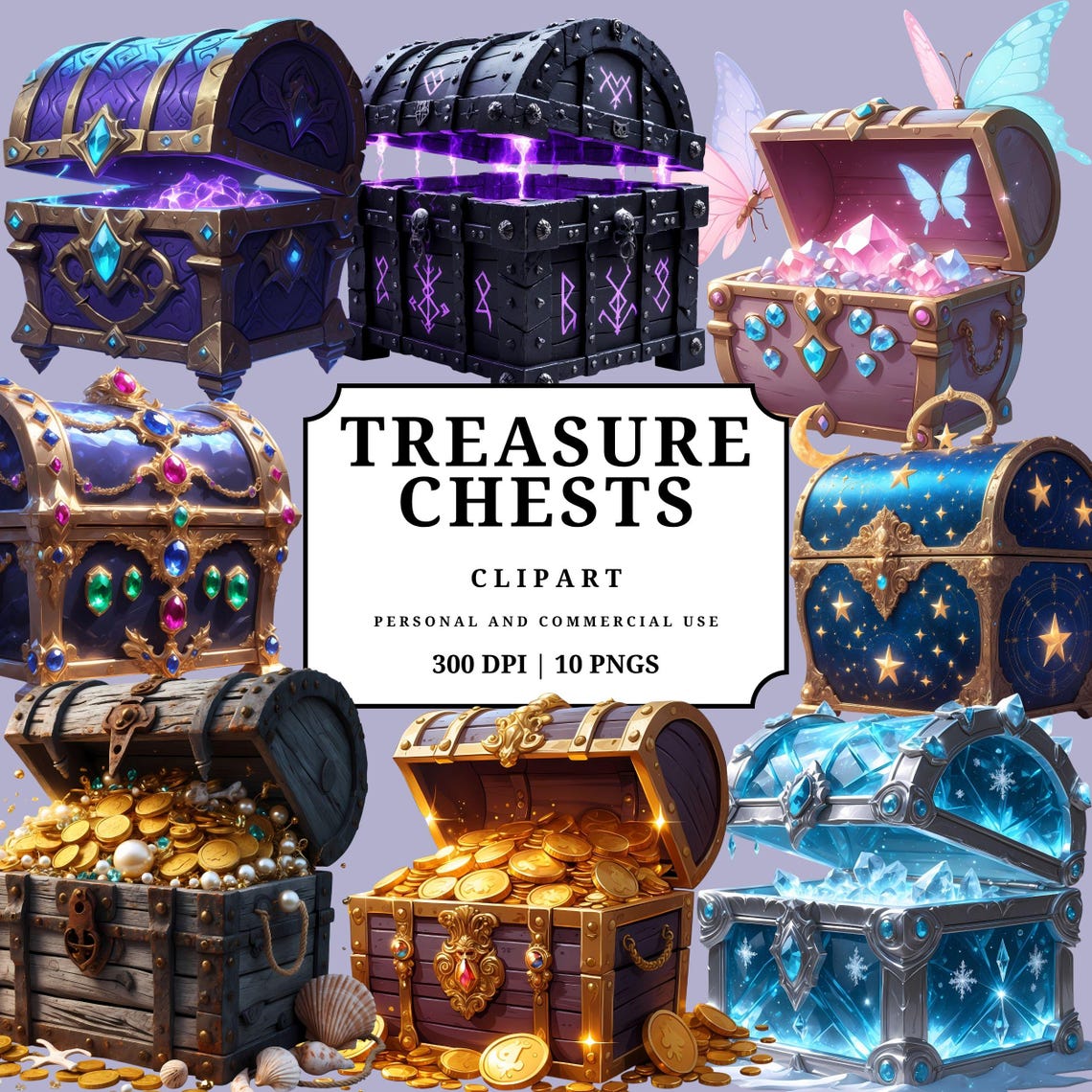 Fantasy Treasure Chest Clipart PNG Bundle Magical Gold Jewel Crystal ...