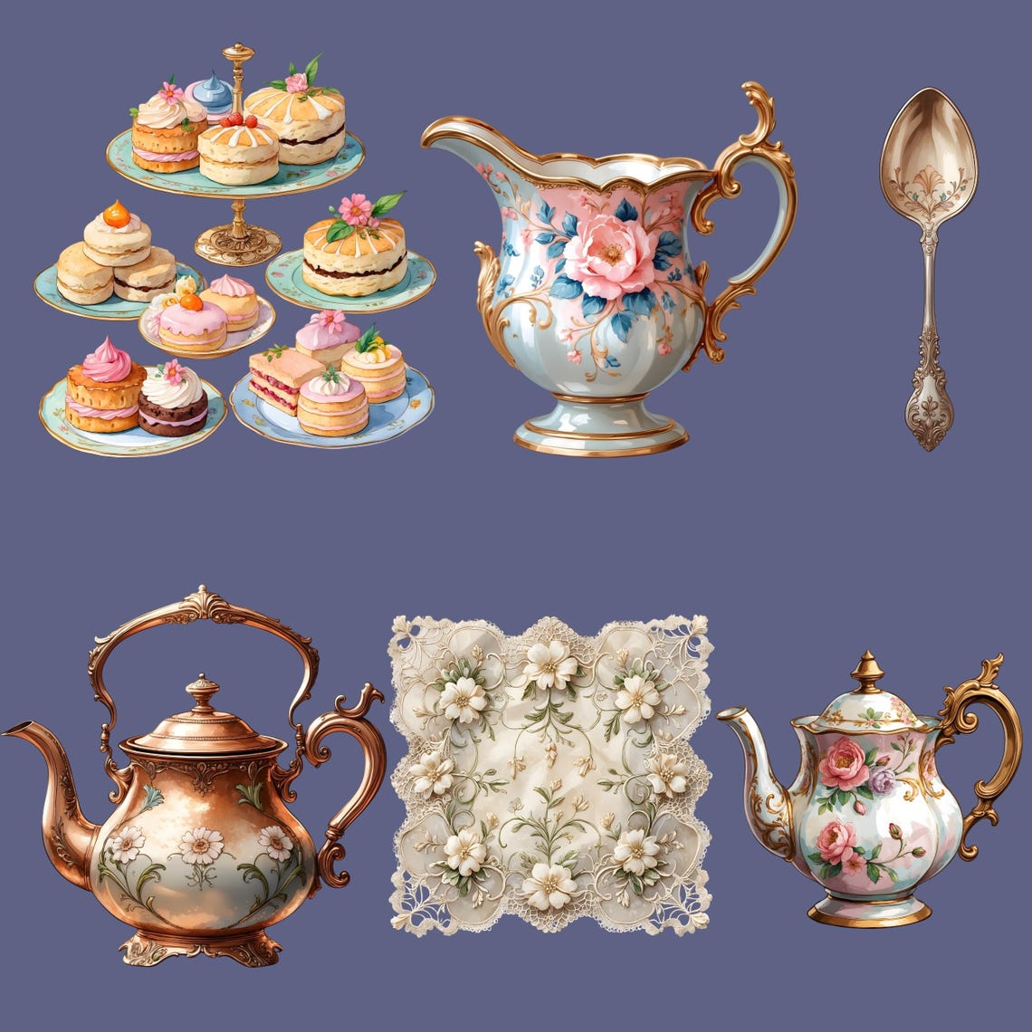 Victorian Tea Party Clipart Set, Illustrated Teacups Teapots Cakes ...