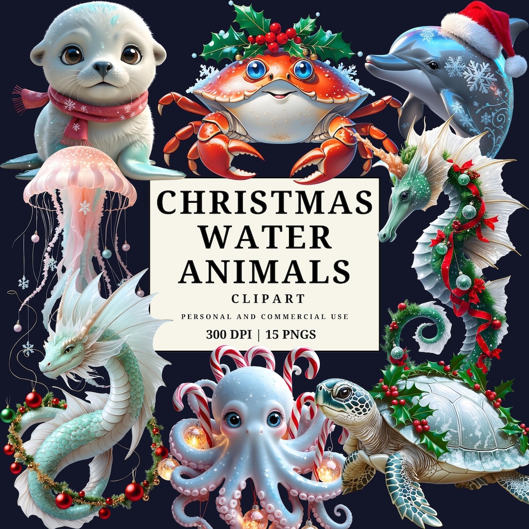 Christmas Water Animals Clipart | Cute Ocean Christmas Creatures PNG ...