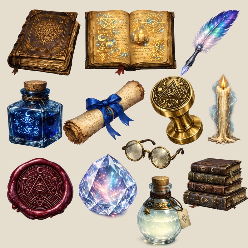 Enchanted Study & Spell Desk Clipart Pack – Magical Books, Grimoires ...