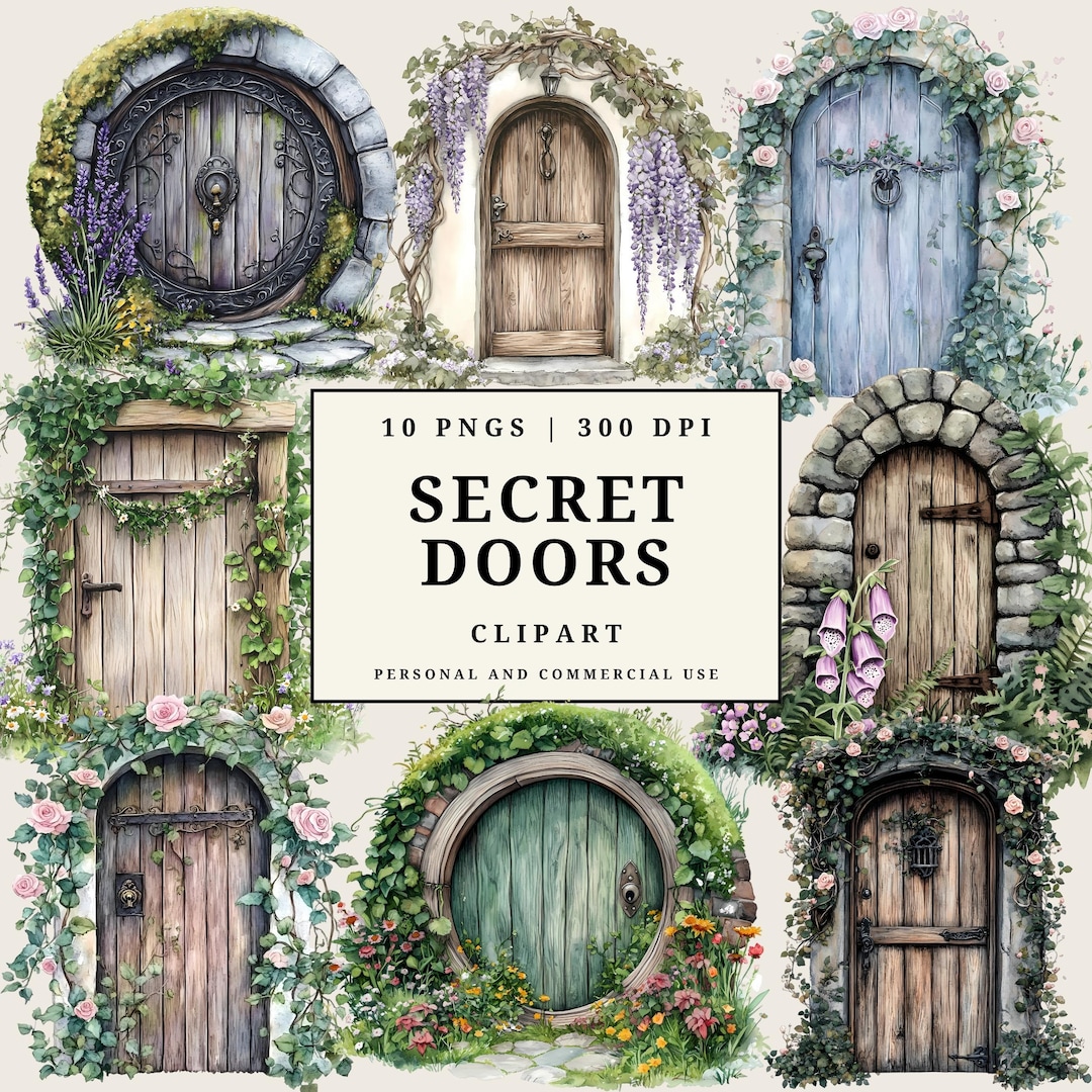 Secret Garden Door Clipart Watercolor Fantasy Doors With Flowers and ...