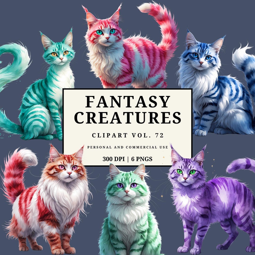 Fantasy Cats Clipart Set | Bright Striped Cats in Pink, Turquoise ...