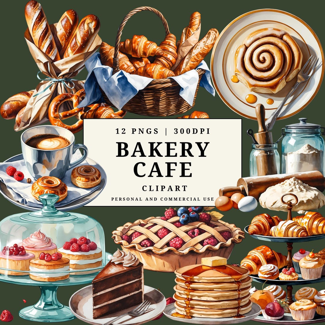 Bakery Café Gouache Clipart | Pastries, Bread & Coffee Pngs | Rustic ...