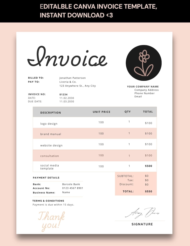 Editable Invoice Template, Canva Billing Form (digital Download) - Etsy