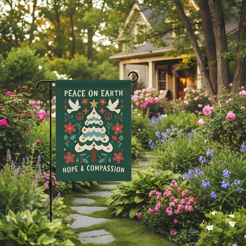 Peace on Earth Hope Compassion Garden Flag, Retro Christmas Tree Decor ...