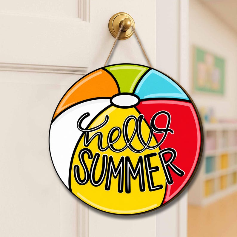 Hello Summer Classroom Door Sign 2026, Beach Ball Teacher Door Hanger ...