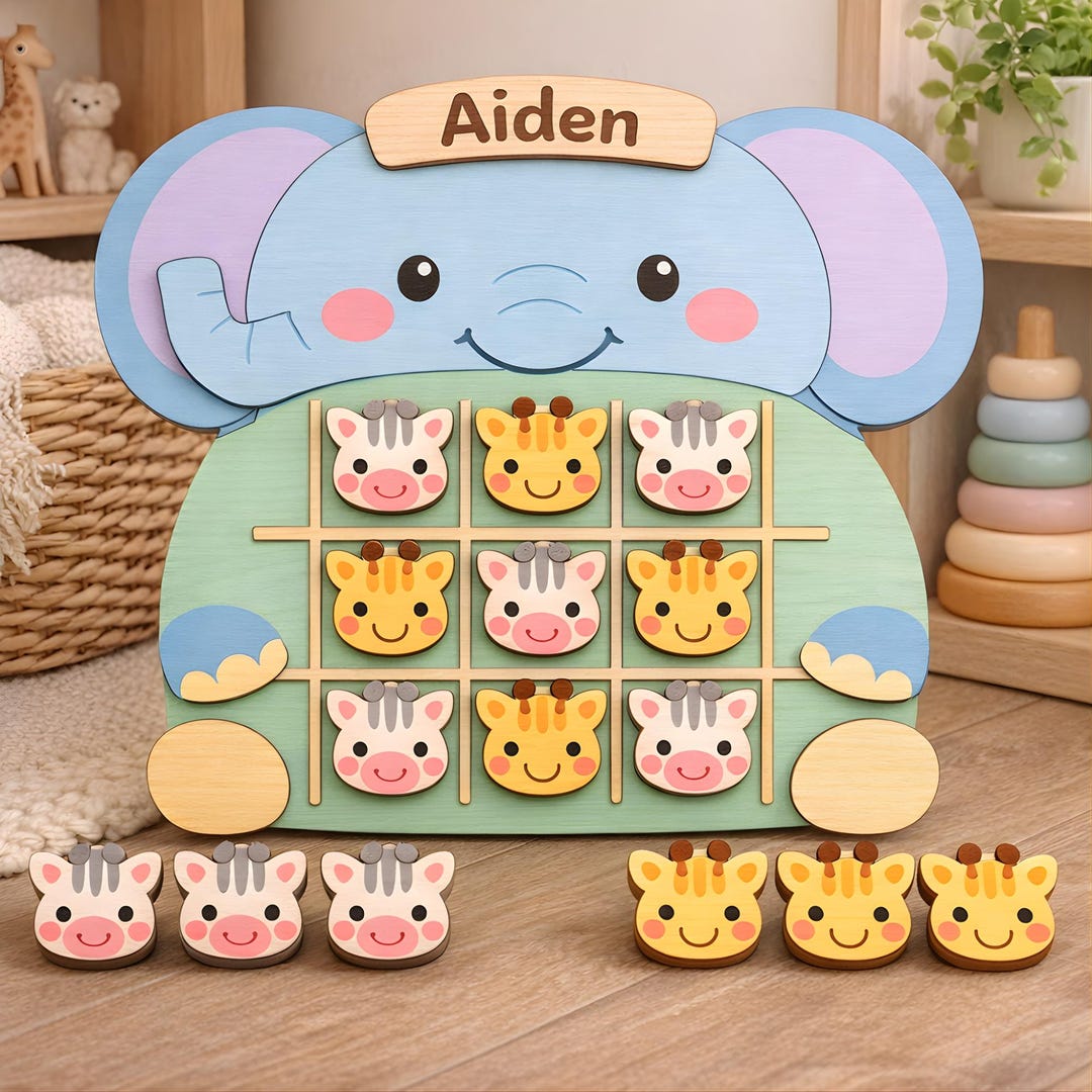 Personalized Elephant Wooden Tic Tac Toe Game for Kids, Custom Name ...