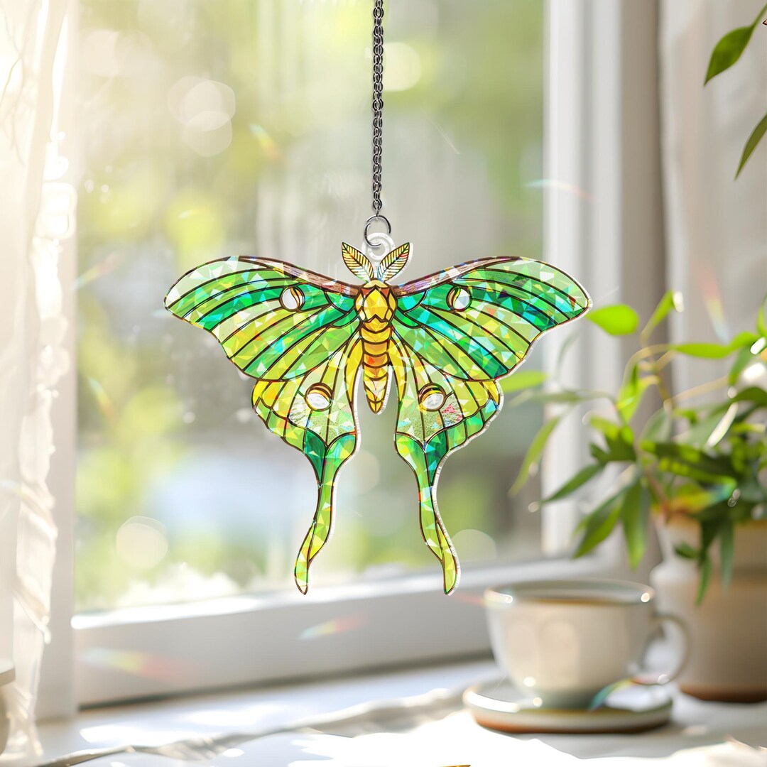 Stained Glass Luna Moth Window Decor, Green Butterfly Suncatcher Wall ...