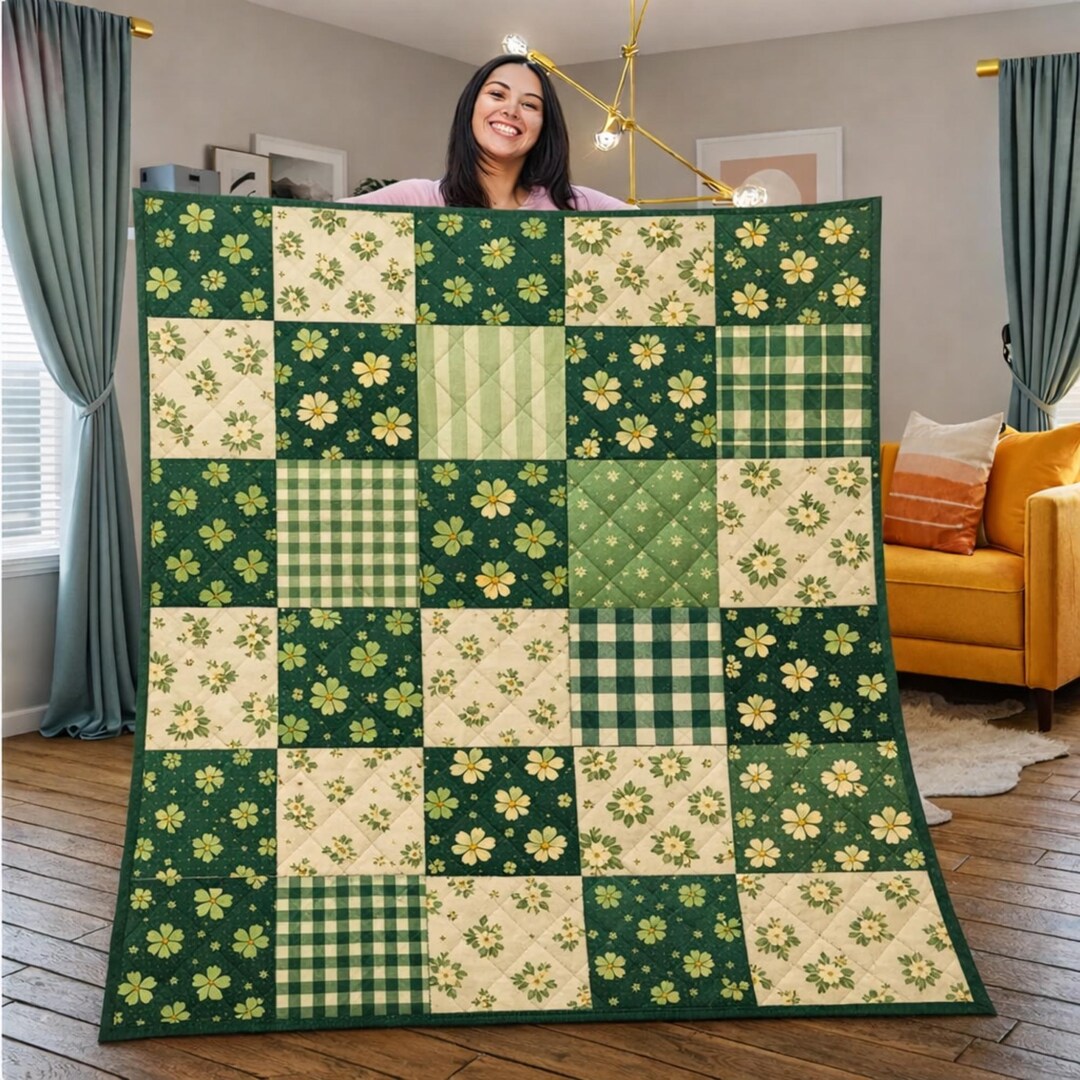 St Patricks Day Quilt Blanket Personalised Green Floral Plaid Patchwork ...