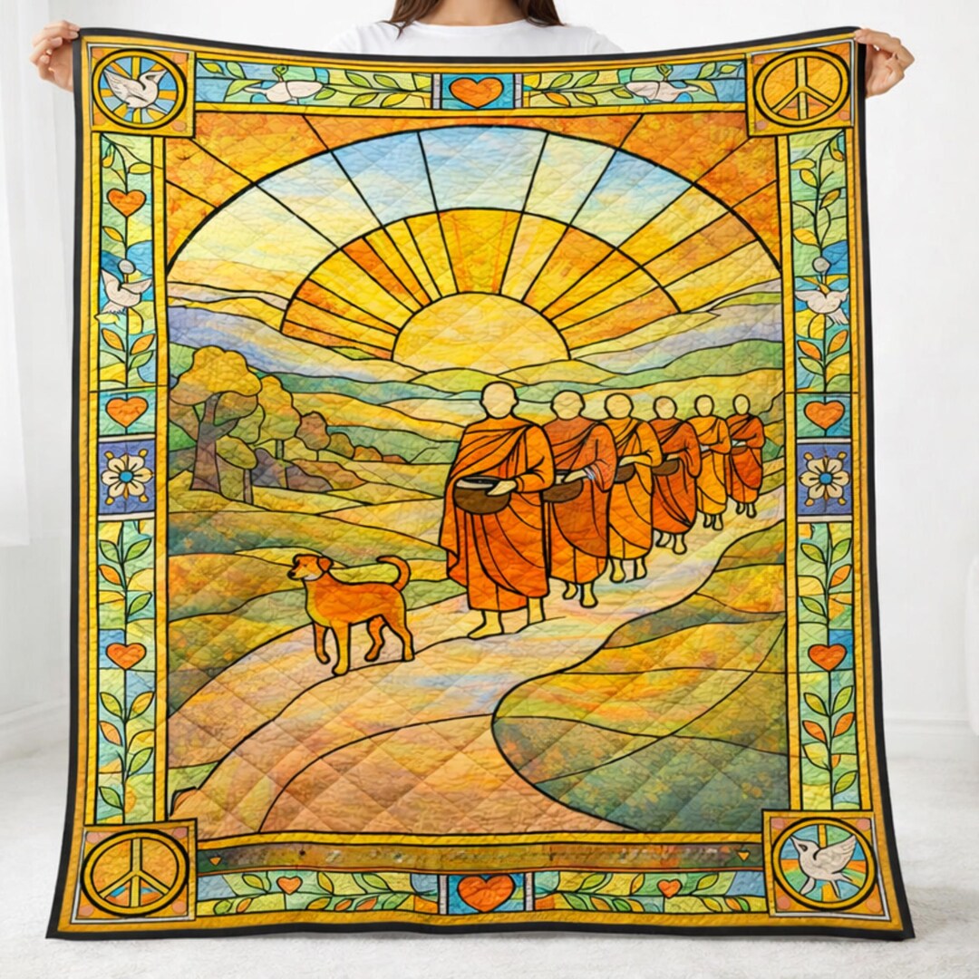 Personalized Walk for Peace Quilt Blanket Custom Name Buddhist Art Monk ...