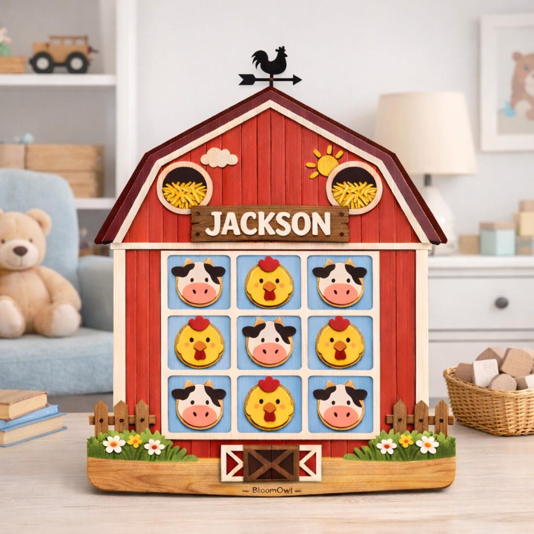 Personalized Farm Animal Wooden Tic Tac Toe Game, Custom Name Barn ...