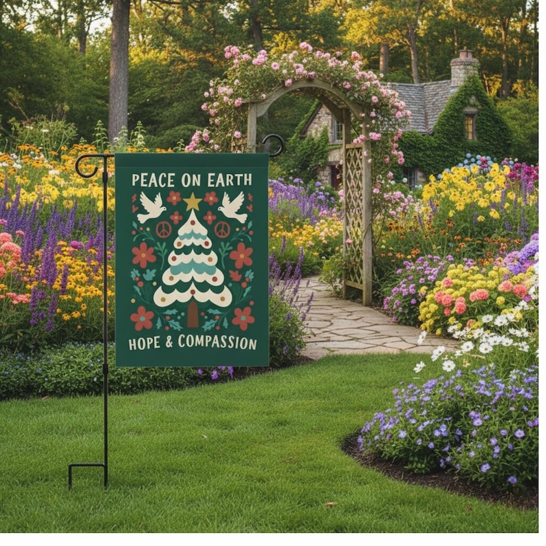 Peace on Earth Hope Compassion Garden Flag, Retro Christmas Tree Decor ...
