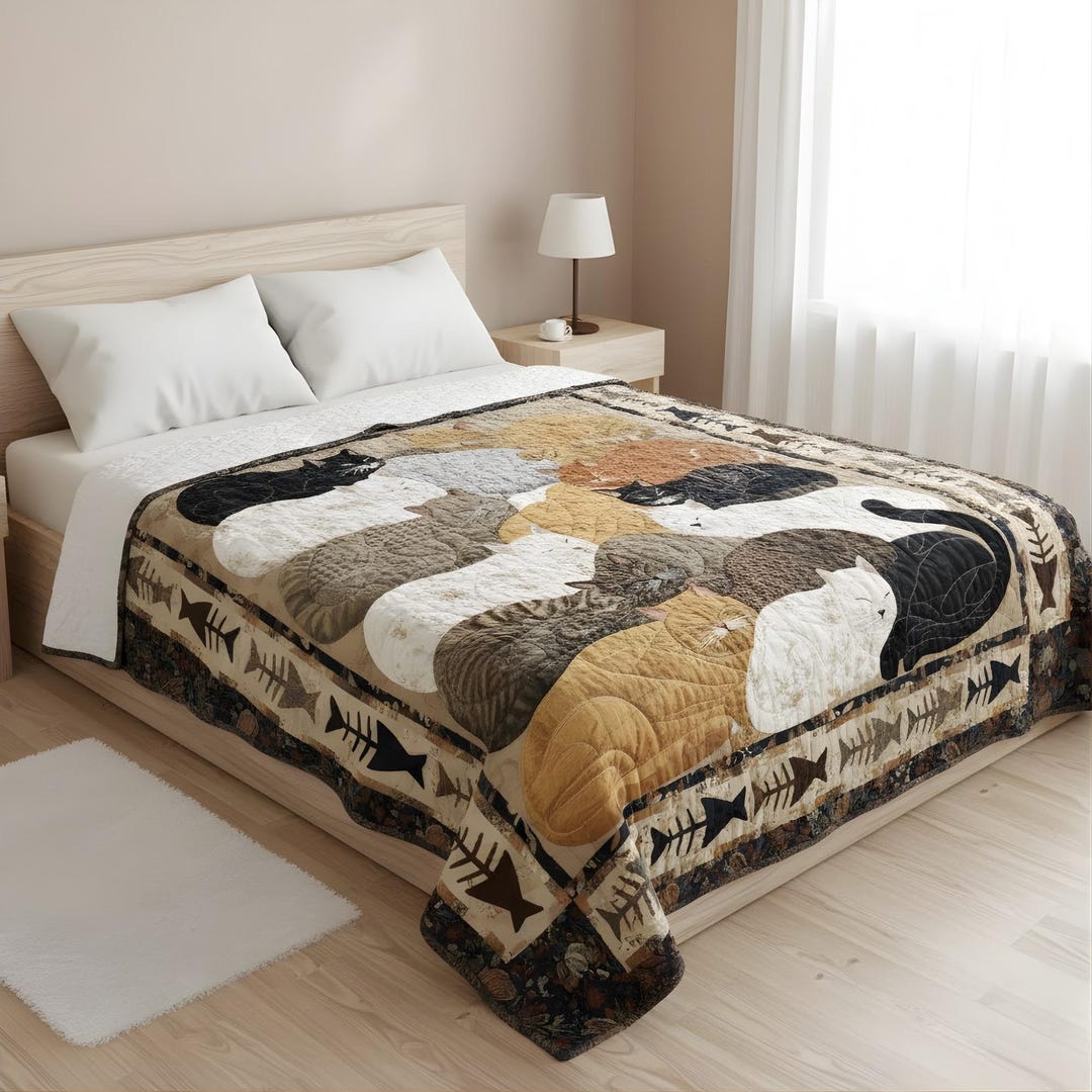 Multicolor Cat Nap Quilt, Rustic Animal Art Bedding, Cozy Fish Bone ...