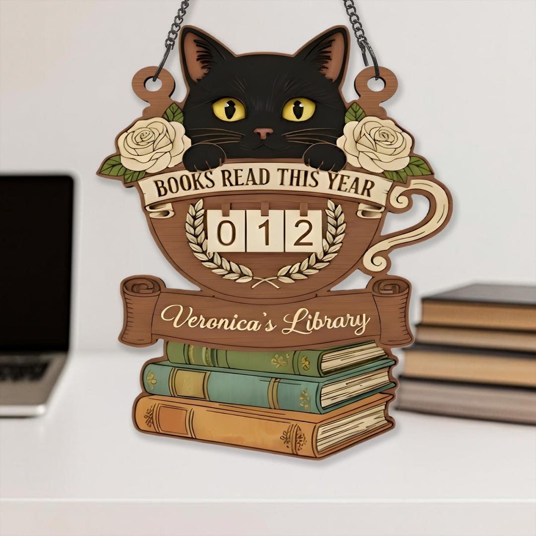 Personalized Black Cat Book Counter Reading Tracker, Wooden Books Read ...