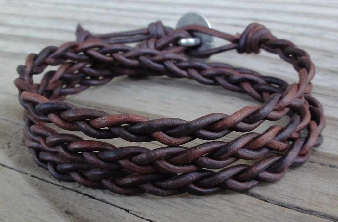 Braided Leather Wrap Bracelet - Antique Brown Leather Cord With Celtic ...