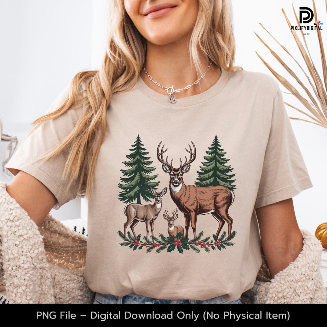 Deer Family Christmas PNG , Rustic Woodland Winter Scene , Buck Doe ...