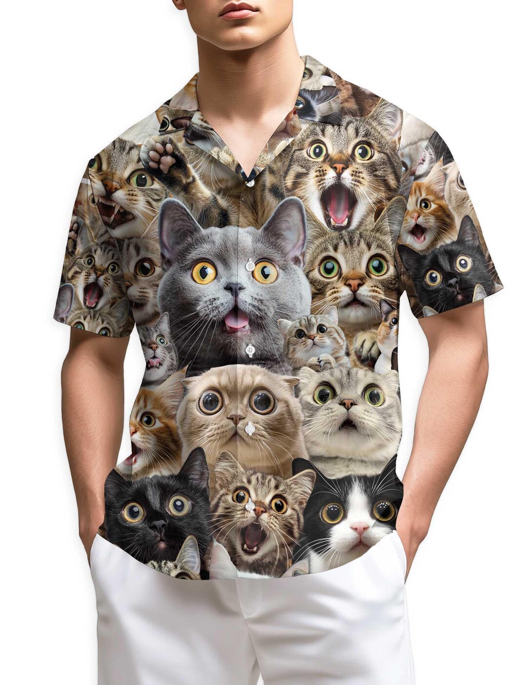 Funny Cat Faces Hawaiian Shirt, Cute Kitty Pattern Aloha Shirt, 3D Cat ...